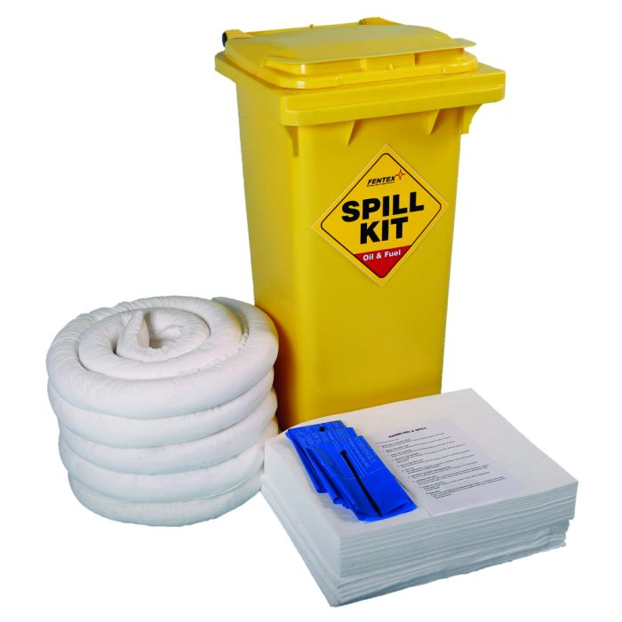 Oil & Fuel Spill Kit to Absorb 120 Litres of Fluid in a Yellow Wheelie ...